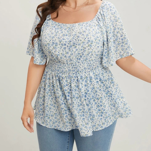 BloomChic | Tops | Plus Size Floral Ruffle Sleeve Shirred Square Neck ...